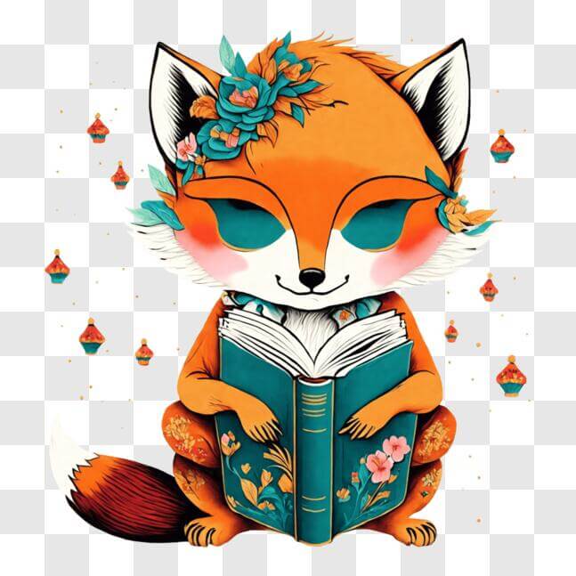 Download Illustration of a Fox Reading a Book with Flowers and Cupcakes ...