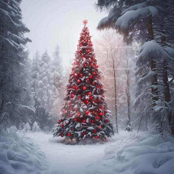 Festive Christmas Tree in Snowy Forest stock photo | Creative Fabrica