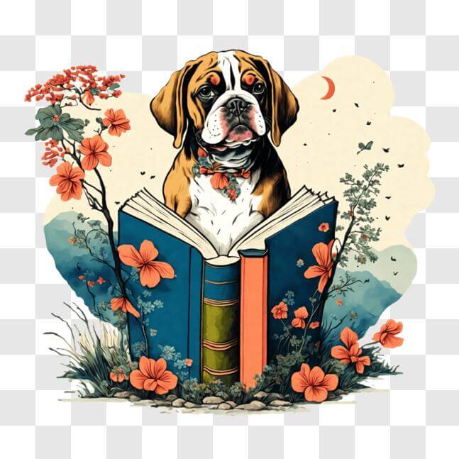Download Boxer Dog Reading Book with Flowers PNGs Online - Creative Fabrica