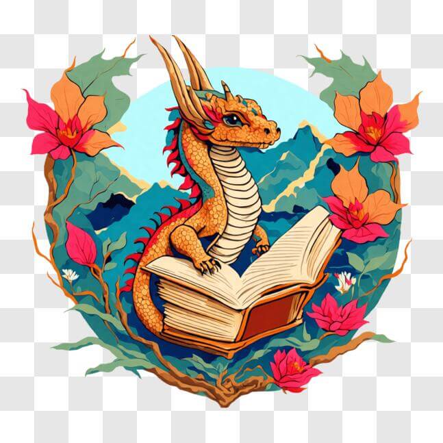 Download Dragon Reading Book with Flowers PNGs Online - Creative Fabrica
