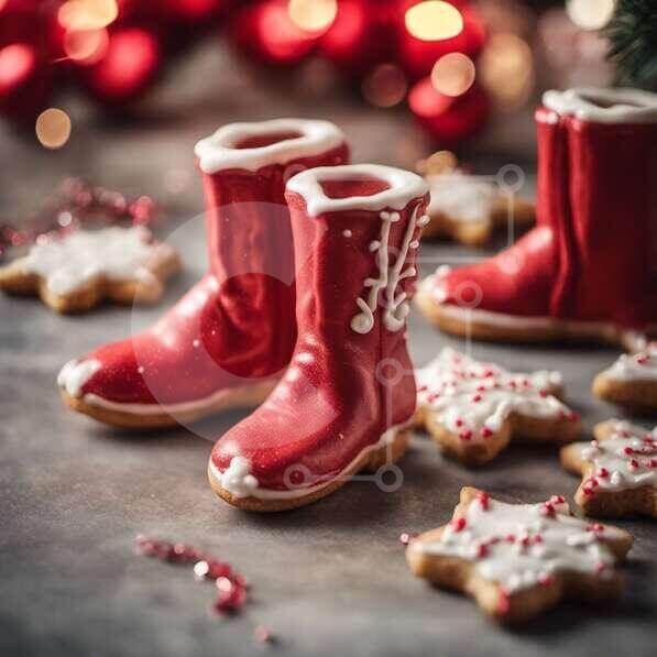 Festive Boot-Shaped Cookies on Grey Background stock photo | Creative ...