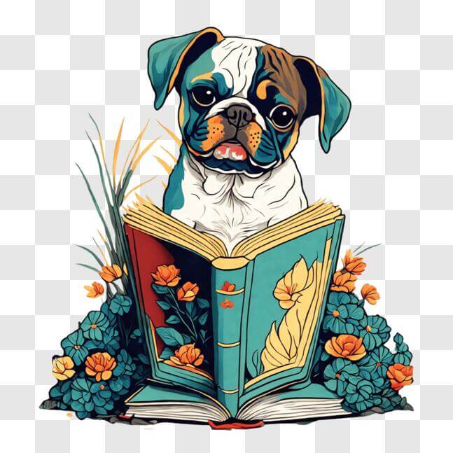Download Pug Dog Reading a Book with Flowers PNGs Online - Creative Fabrica