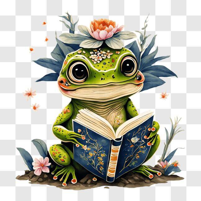 Download Playful Green Frog Reading a Book with Flowers PNGs Online ...