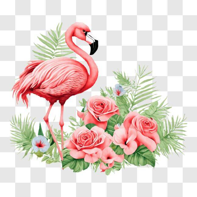 Télécharger Flamant rose debout à côté de roses et de feuillage vert ...