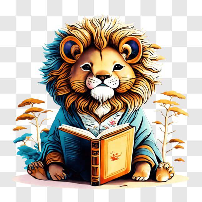 Download Cartoon Lion Reading Book in the Woods PNGs Online - Creative ...