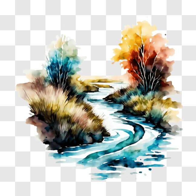 Download Watercolor Painting of an Autumn-colored Stream PNGs Online ...