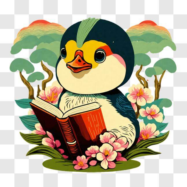 Download Cartoon Duck Reading Book in Flower Garden PNGs Online ...