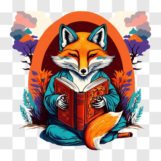 Download Illustration of a Fox Reading a Book with Trees and Flowers ...