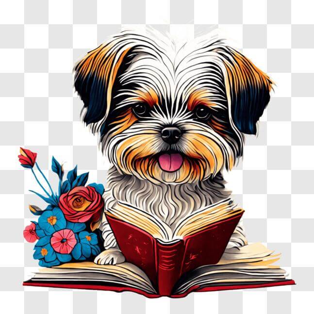 Download Small Dog Reading a Book with Flowers PNGs Online - Creative ...