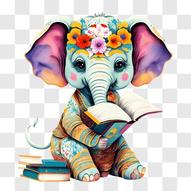 Download Elephant with Flower Crown Reading Books PNGs Online ...