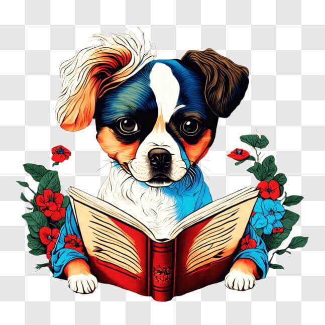 Download Black and White Dog Reading Book with Flowers PNGs Online ...