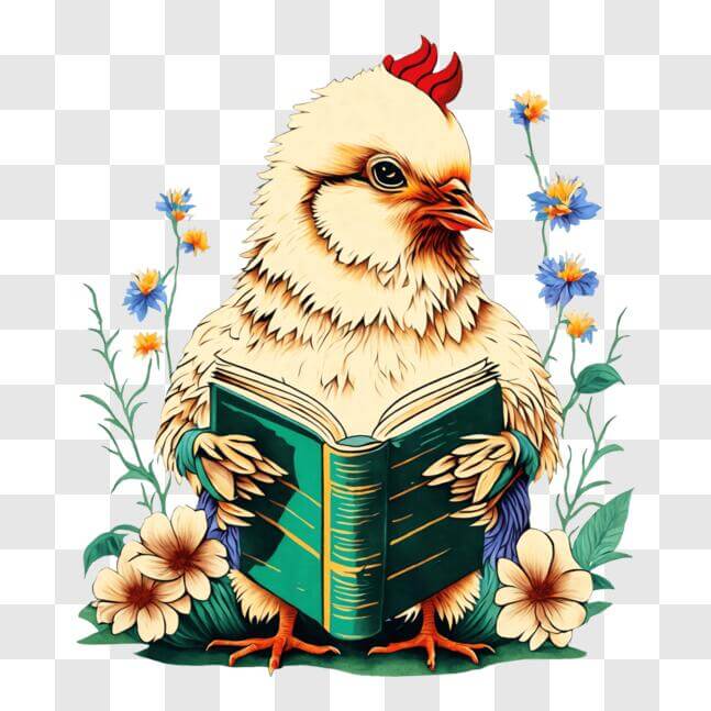 Download Chicken reading a book in the grass with flowers PNGs Online ...