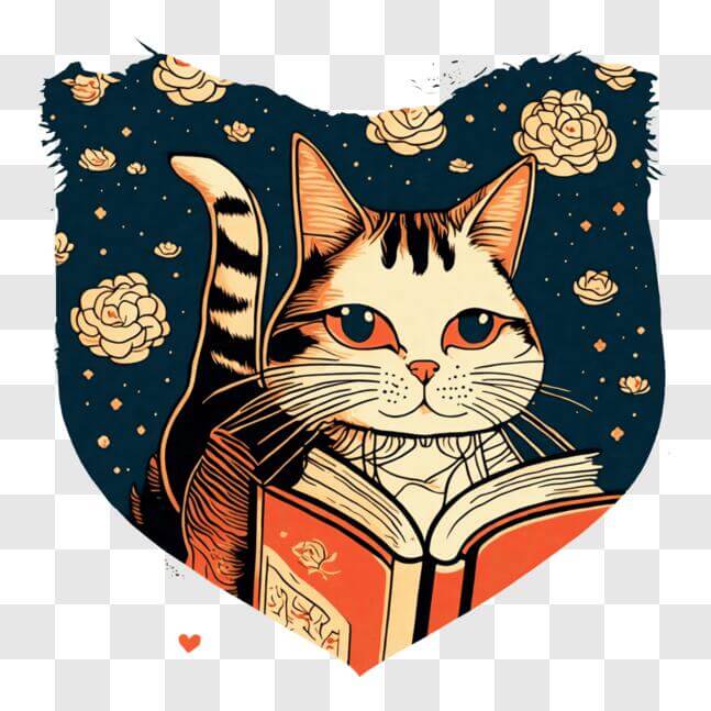 Download Cat Reading Book with Roses PNGs Online - Creative Fabrica