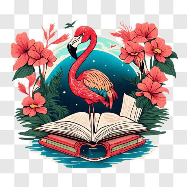Download Pink Flamingo Reading on an Open Book with Flowers PNGs Online ...