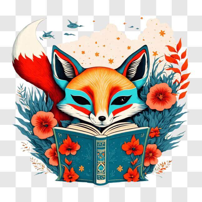 Download Colorful Fox Reading a Book in the Middle of Flowers PNGs ...