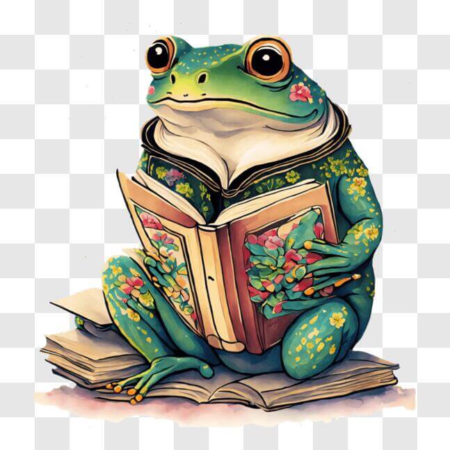 Download Green Frog Reading on Books with Flowers PNGs Online ...