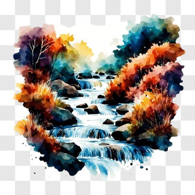 Download Autumn-Colored Stream in the Forest Watercolor Painting PNGs ...