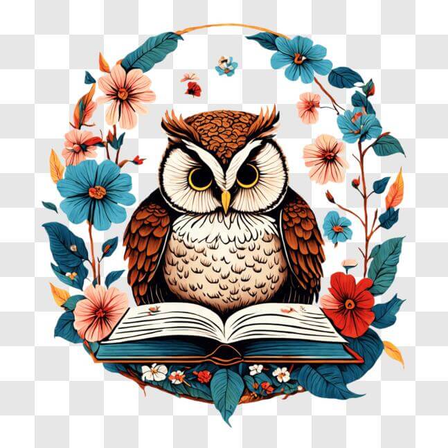 Descarga Búho leyendo un libro con flores PNGs En Línea - Creative Fabrica