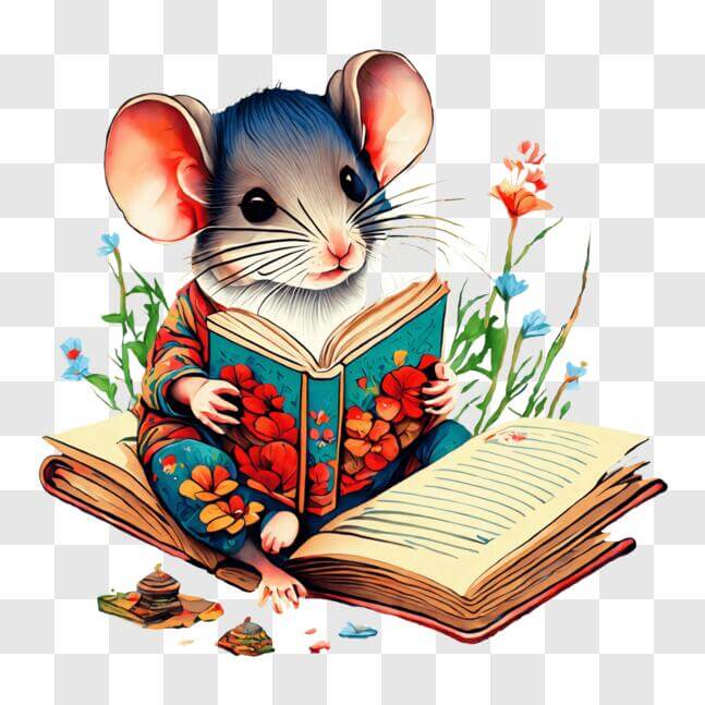Download Mouse Reading Book with Flowers PNGs Online - Creative Fabrica