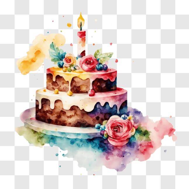 Download Watercolor Cake with Candles and Flowers PNGs Online ...