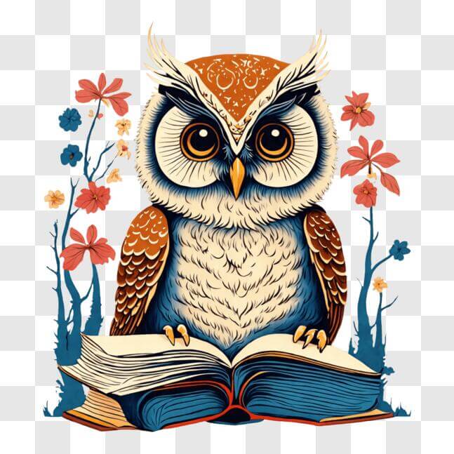 Download Colorful Owl Reading on an Open Book with Flowers PNGs Online ...