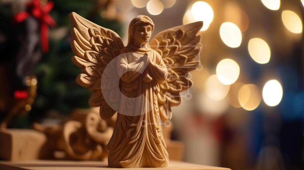 Wooden Angel Statue on a Decorative Table stock photo | Creative Fabrica