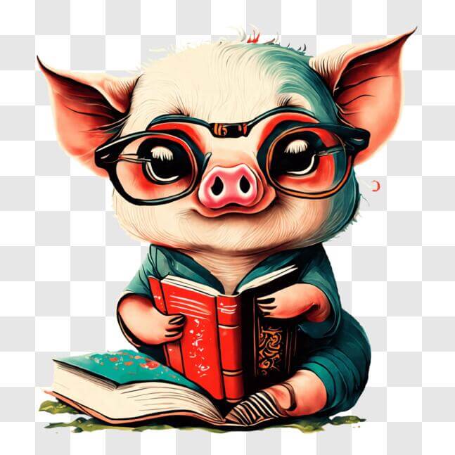 Download Cute Pig Reading Book with Glasses PNGs Online - Creative Fabrica