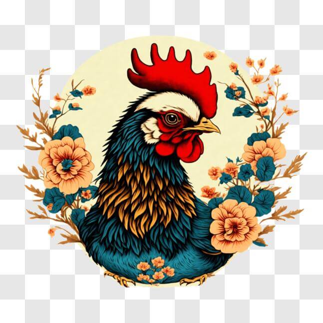 Download Colorful Rooster with Flowers and Leaves PNGs Online ...