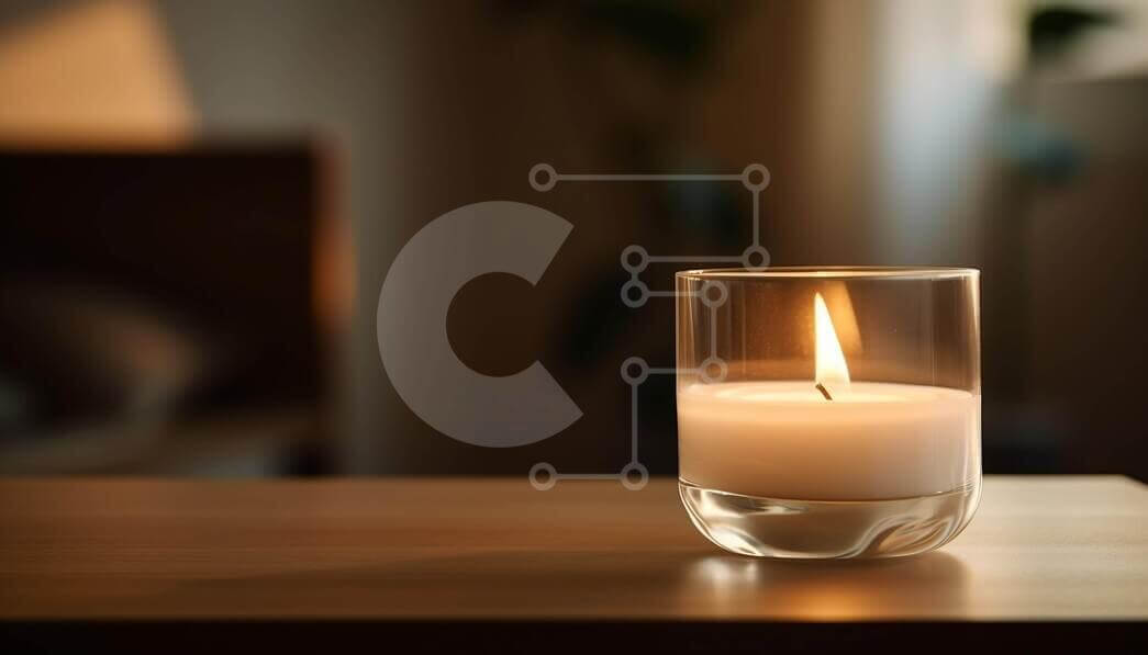 Ambient Candle on Wooden Table stock photo | Creative Fabrica