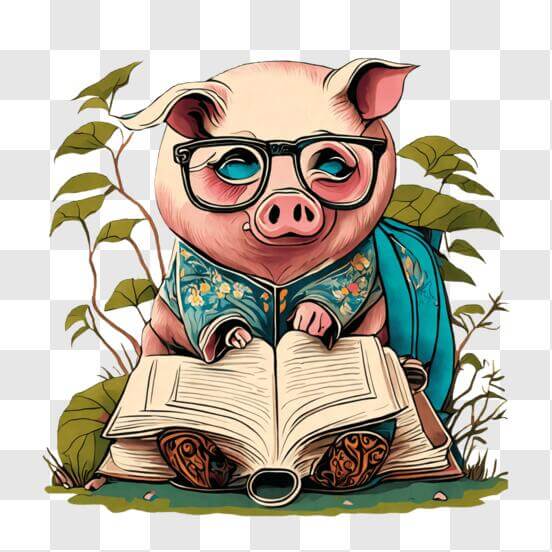 Download Cute Pig Reading Book with Glasses PNGs Online - Creative Fabrica