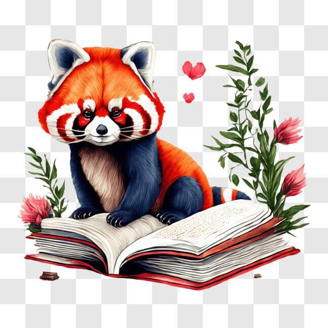 Download Red Panda Reading Book with Flowers PNGs Online - Creative Fabrica