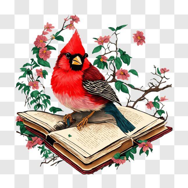 Download Red Cardinal on an Open Book with Flowers PNGs Online ...