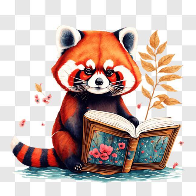 Download Red Panda Reading a Book with Flowers and Leaves PNGs Online ...