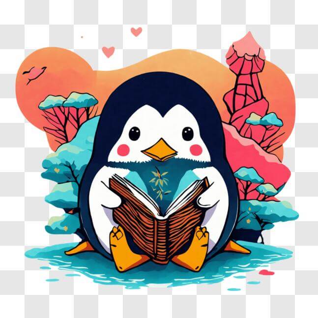 Download Cute Penguin Reading a Book with Hearts PNGs Online - Creative ...