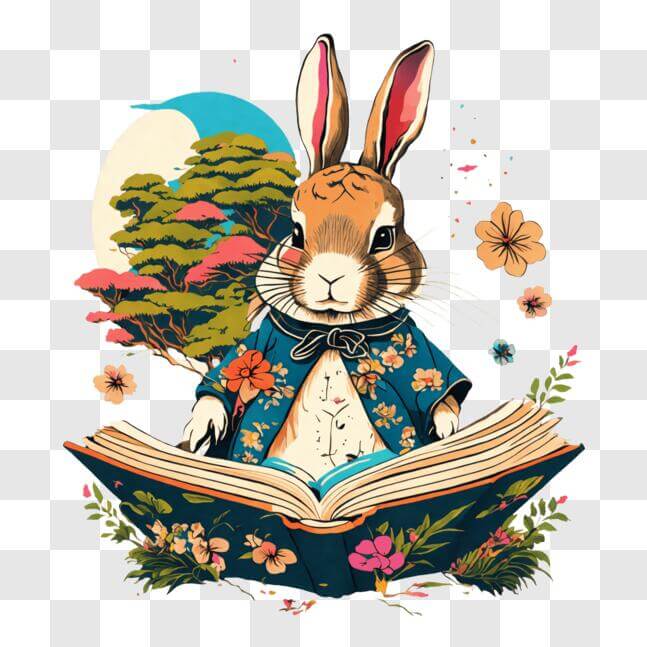 Download Rabbit Reading a Book in Nature PNGs Online - Creative Fabrica