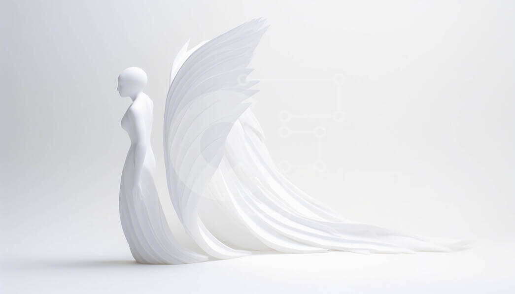 Elegant White Angel Sculpture in a Gallery stock photo | Creative Fabrica