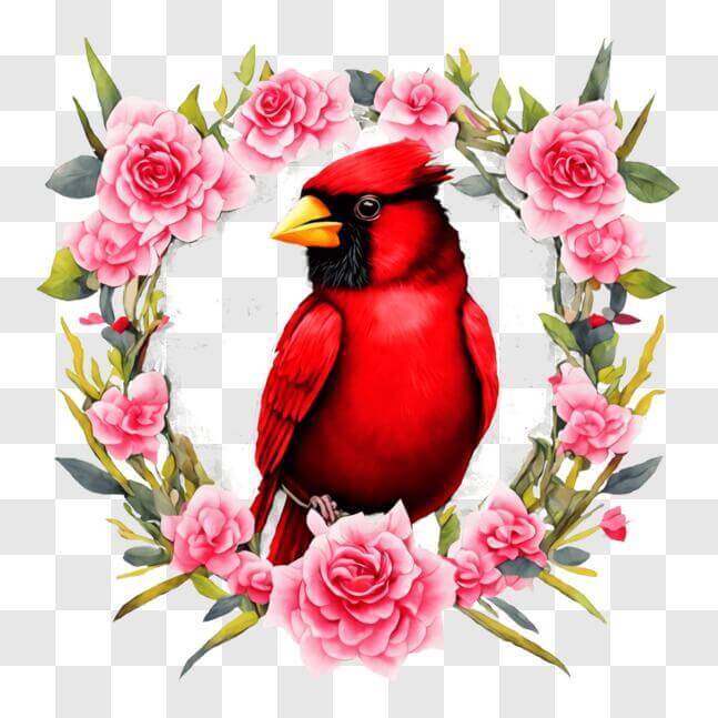 Download Red Cardinal sitting on a wreath of pink roses PNGs Online ...