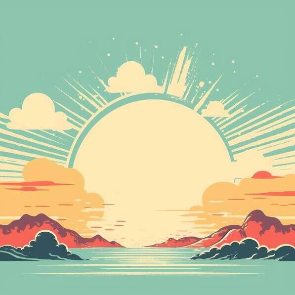 Download Retro Landscape with Mountains, Clouds, and Sunrise over Water ...