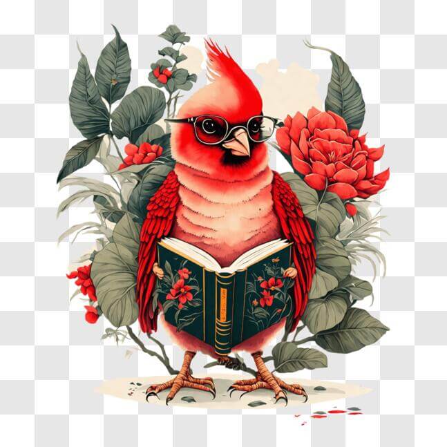 Download Red Cardinal with Glasses Reading Book in Flower Garden PNGs ...