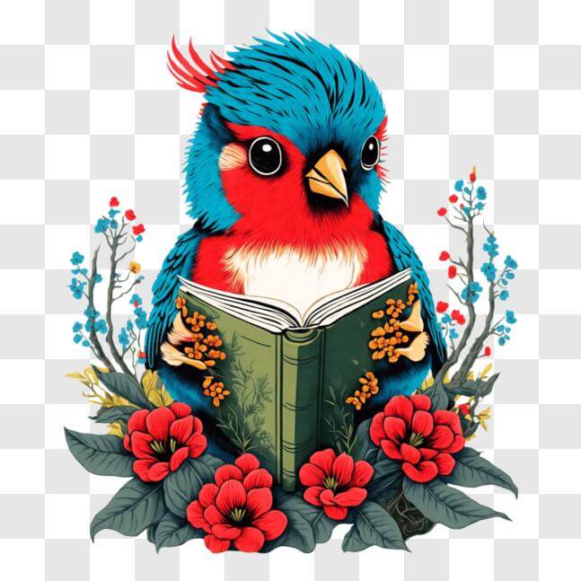 Download Colorful Bird Reading Book Surrounded by Flowers PNGs Online ...