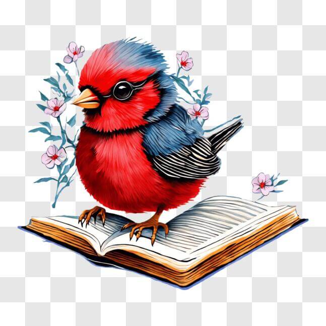 Download Red Bird Sitting on Open Book with Flowers PNGs Online ...