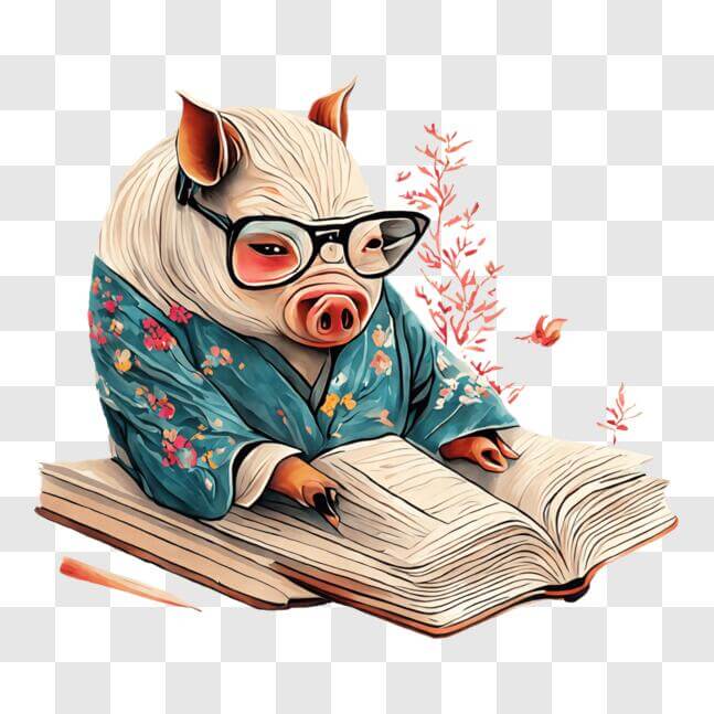 Download Smart Pig Studying with Glasses on Top of an Open Book PNGs ...
