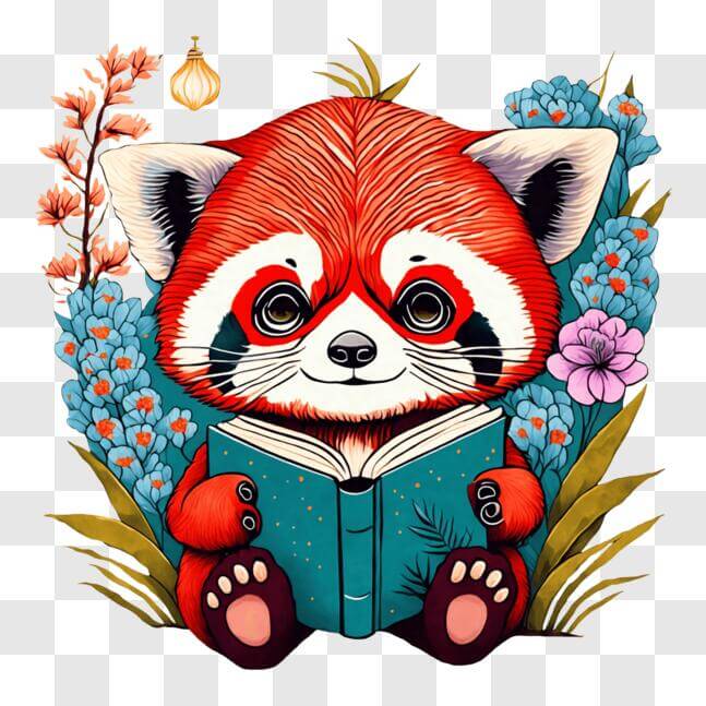 Download Adorable Red Panda Reading Book in a Colorful Garden PNGs ...