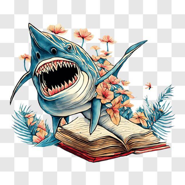 Download Shark Reading a Book with Flowers PNGs Online - Creative Fabrica