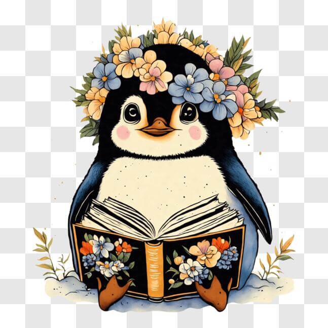 Download Cute Penguin Reading Book with Flower Crown PNGs Online ...