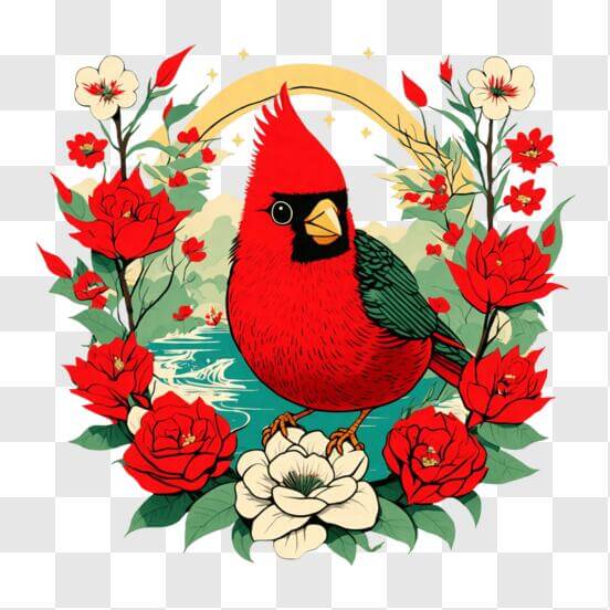 Download Red Cardinal Bird in Grass with Flowers and Mountains PNGs ...