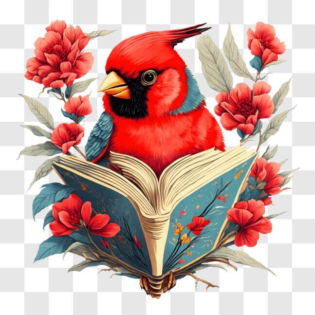 Download Red Cardinal Bird Sitting on an Open Book with Flowers PNGs ...