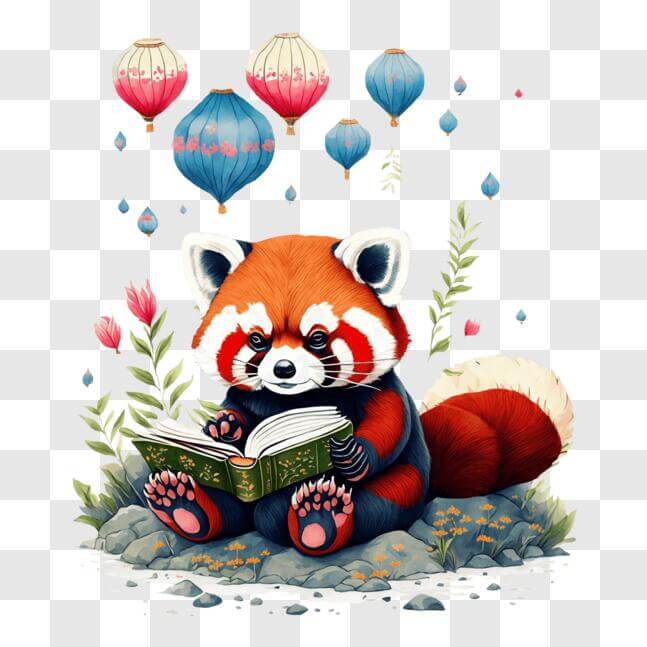 Download Red Panda Reading a Book Surrounded by Balloons and Flowers ...