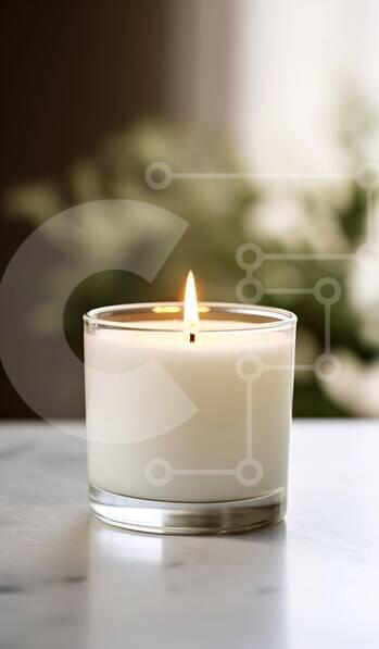 Single Lit Candle on Table with Plants stock photo | Creative Fabrica