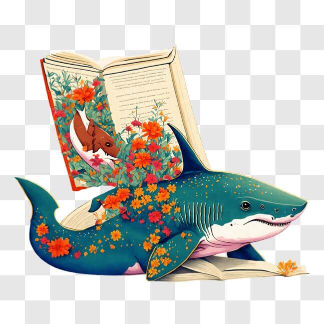 Download Shark Reading Book with Flowers PNGs Online - Creative Fabrica